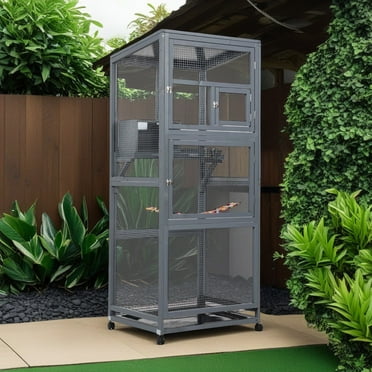 PawHut Outdoor Bird Cage - Wooden Aviary with Playground, Slide-Out ...