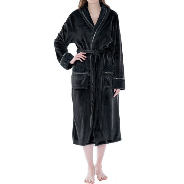 PAVILIA Soft Plush Women Fleece Robe, Black Cozy Bathrobe, Female Long ...