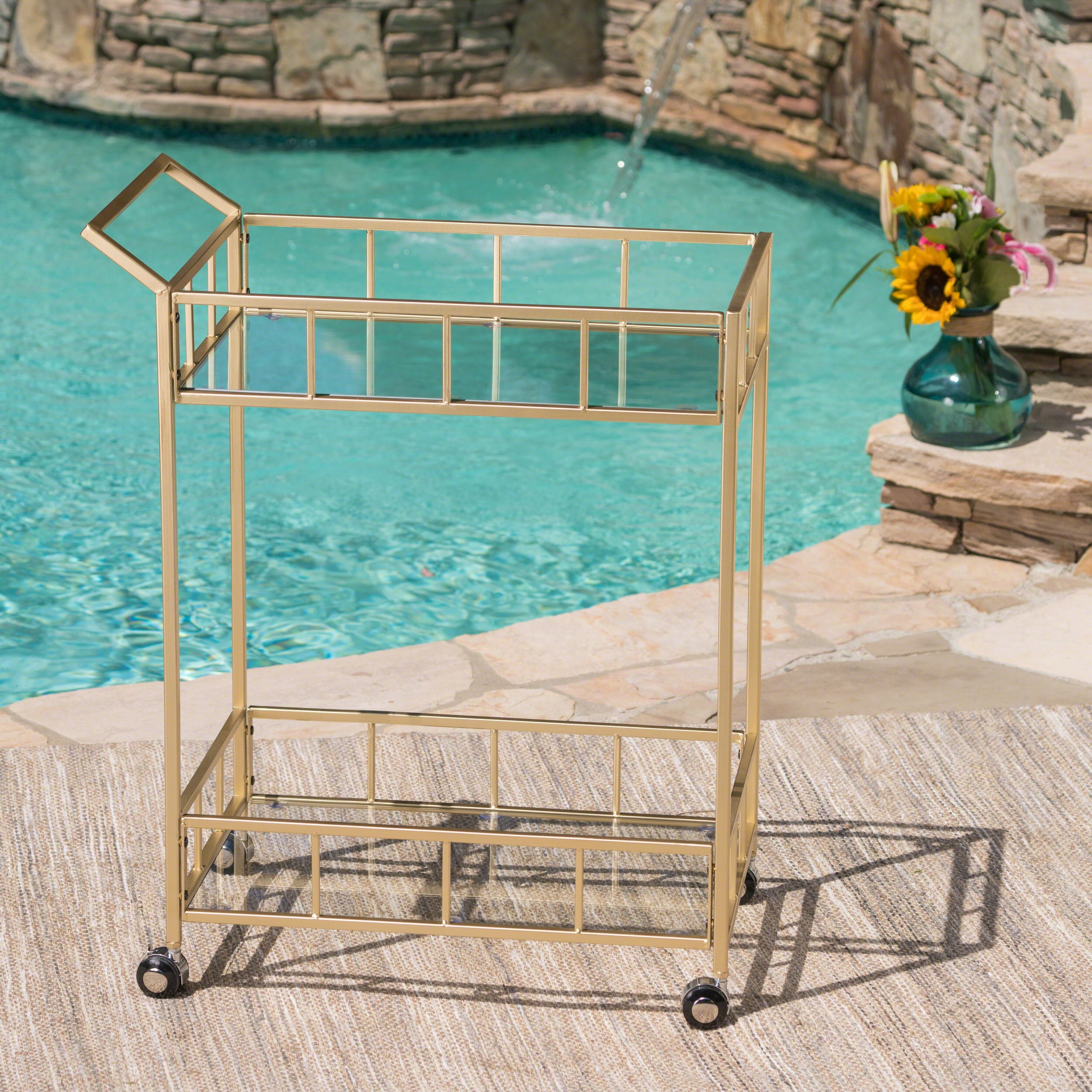 Outdoor Modern Glam Iron and Glass Bar Cart, Gold - Walmart.com