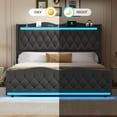 King Bed Frame with LED, USB Port, Storage, Dark Grey Velvet Upholstery ...