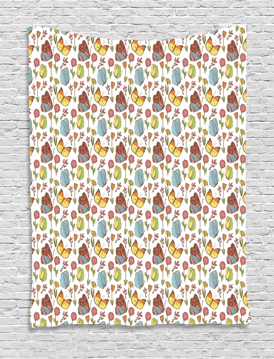 Floral Tapestry, Flappy Butterflies Flying Among Hand Drawn Rose Hip ...