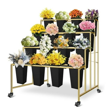Displays2go 50" H 3-Tier Silver Rolling Flower Rack with 9 Galvanized ...