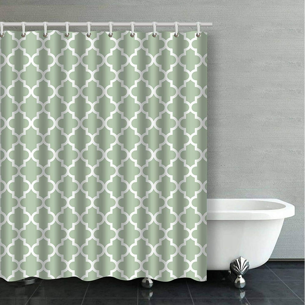 Artjia Moroccan Quatrefoil Pattern Sage Green Bathroom Shower Curtain