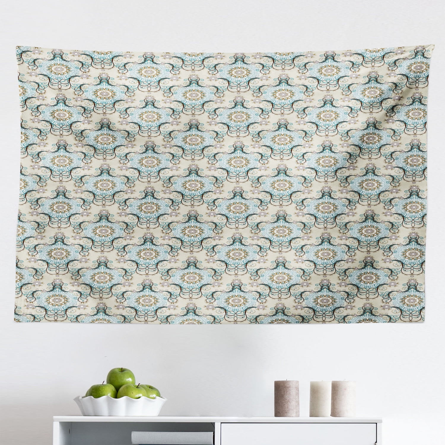 Blue and White Tapestry, Retro Modern Pattern with Square Shapes Pastel ...