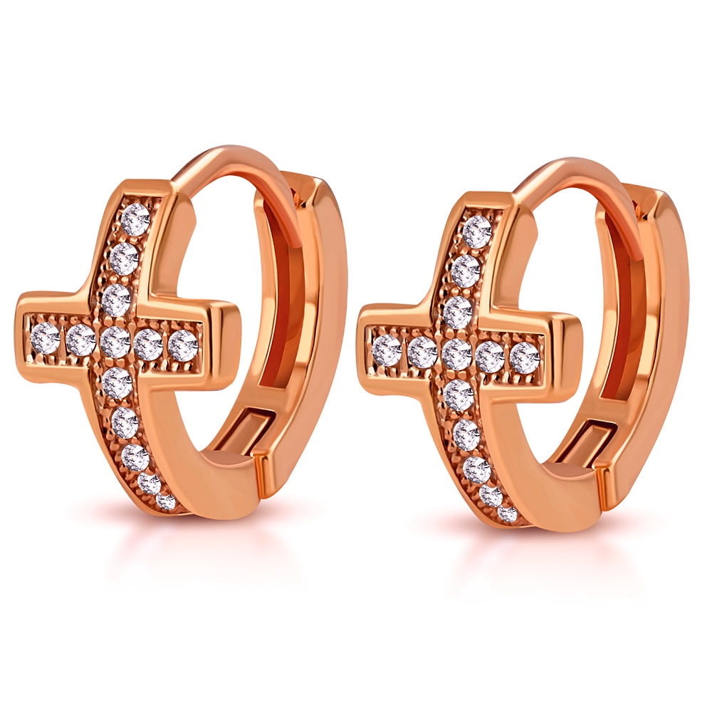 925 Sterling Silver CZ Cross Religious Hoop Huggie Womens Earrings ...