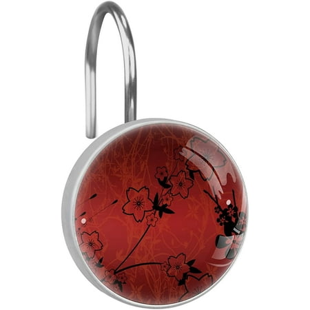 Red Background Flower Shower Curtain Hooks Set of 12 Shower Curtain ...