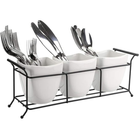 3-Piece Ceramic Flatware Caddy with Metal Rack, Utensil Holder ...