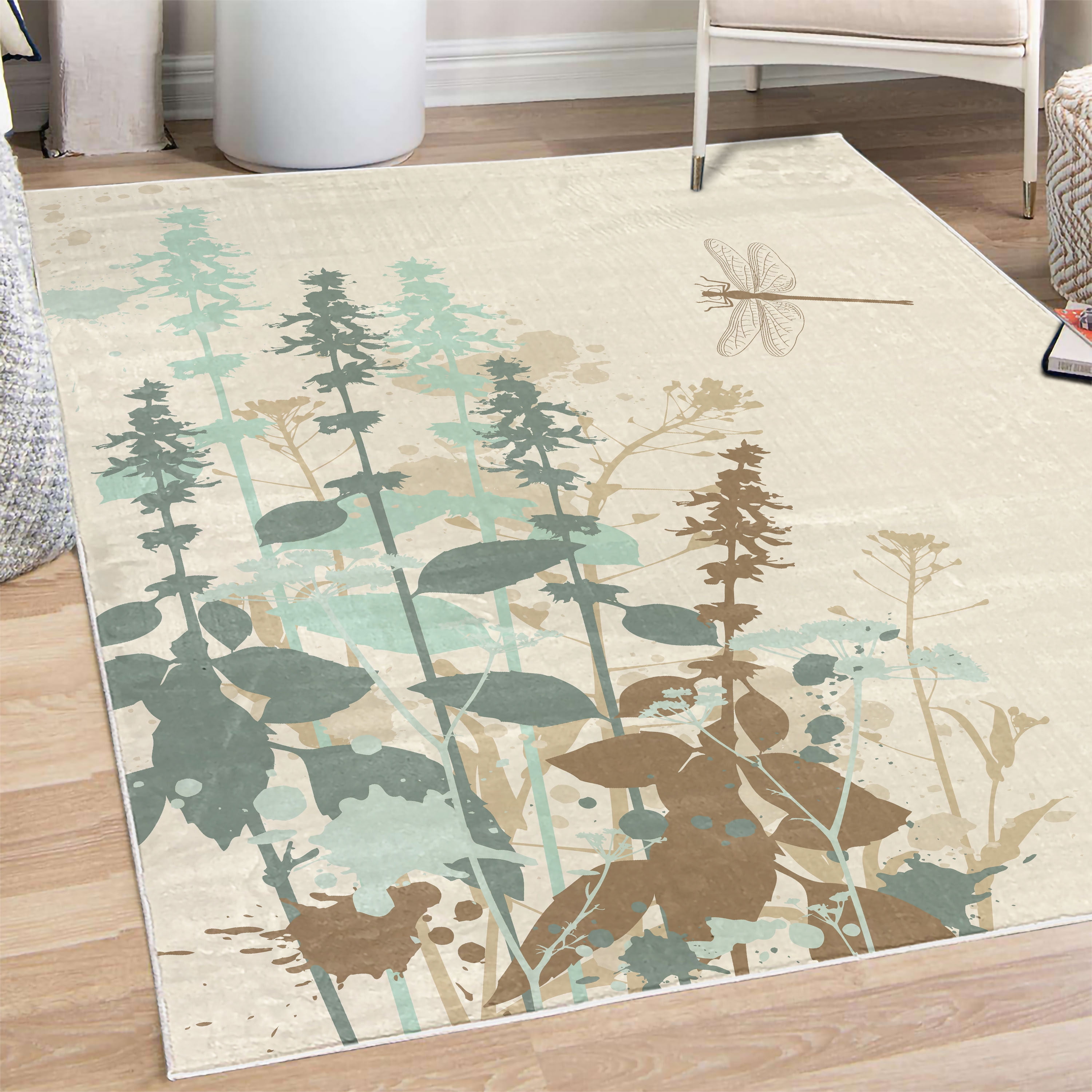 Dragonfly Decorative Rug, Nature Plants Grass with Wildflowers with ...