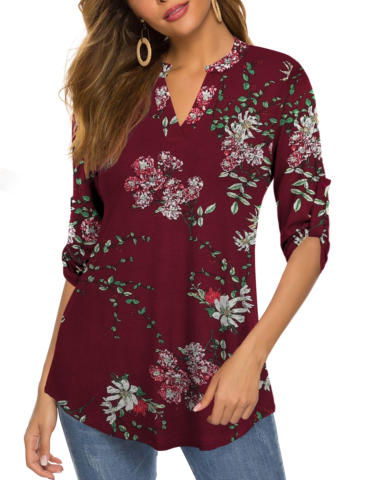 Letdiosto Womens Plus Size Shirts 3 4 Roll Sleeve V Neck Floral Flowy