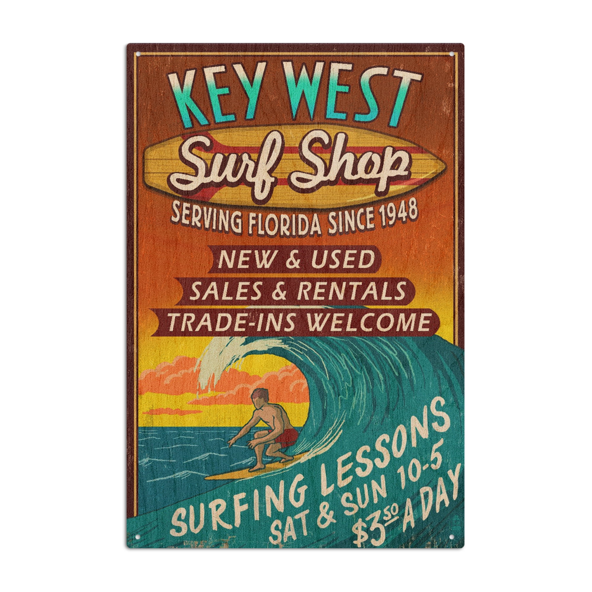 Key West, Florida, Surf Shop Vintage Sign Birch Wood Wall Sign (6x9 ...