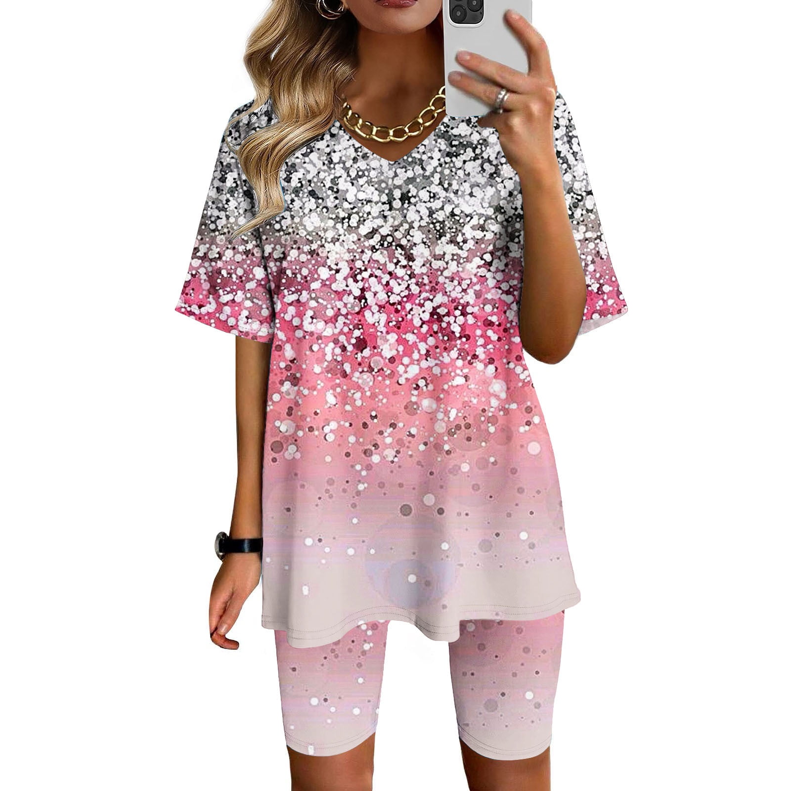 Two Piece Summer Sets Plus Size Women's Summer Short Sleeve V-neck Tops ...