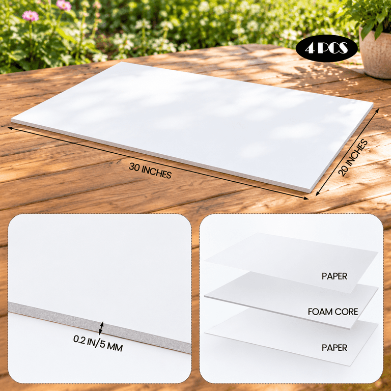 4 Pack White Foam Board 20 x 30 Inch, 5mm Thick Acid-Free Core for Art ...