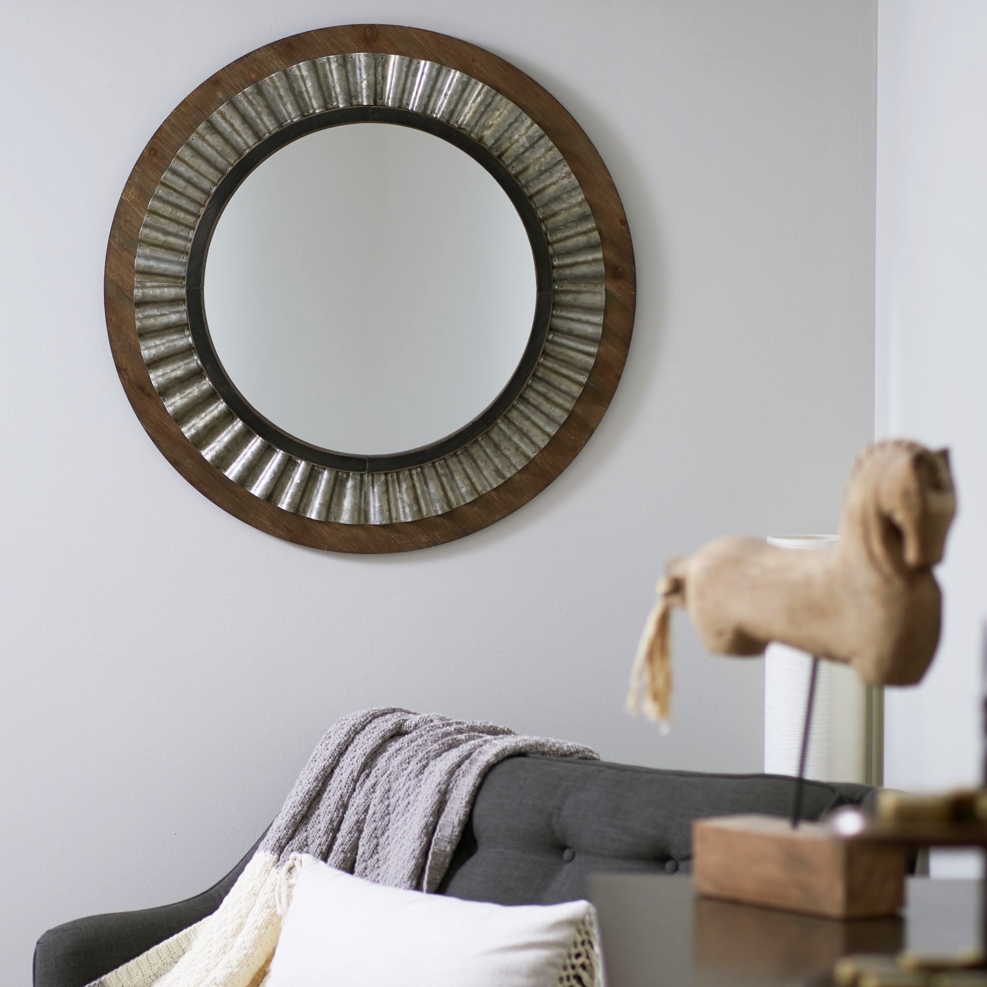 Household Essentials Wood Framed Sunburst Metal Round Wall Mirror ...
