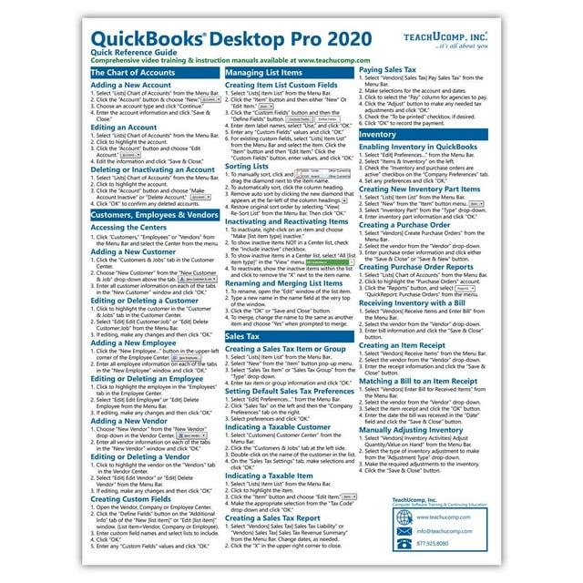 Learn QuickBooks Desktop Pro 2020 Quick Reference Training Card ...