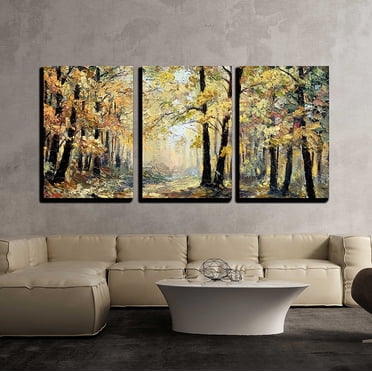 Designart ' Forest Waterfall with Yellow Trees ' Large Landscape Framed ...