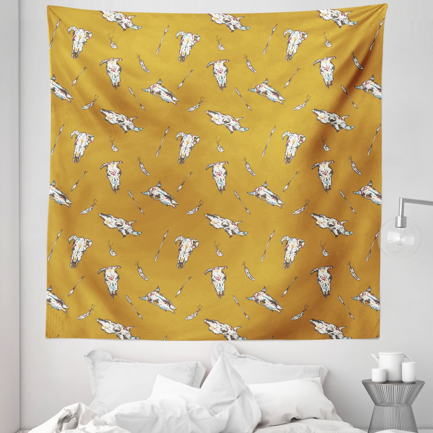 Rodeo Tapestry, Bohemian Print of Cow Skulls with Retro Element and ...