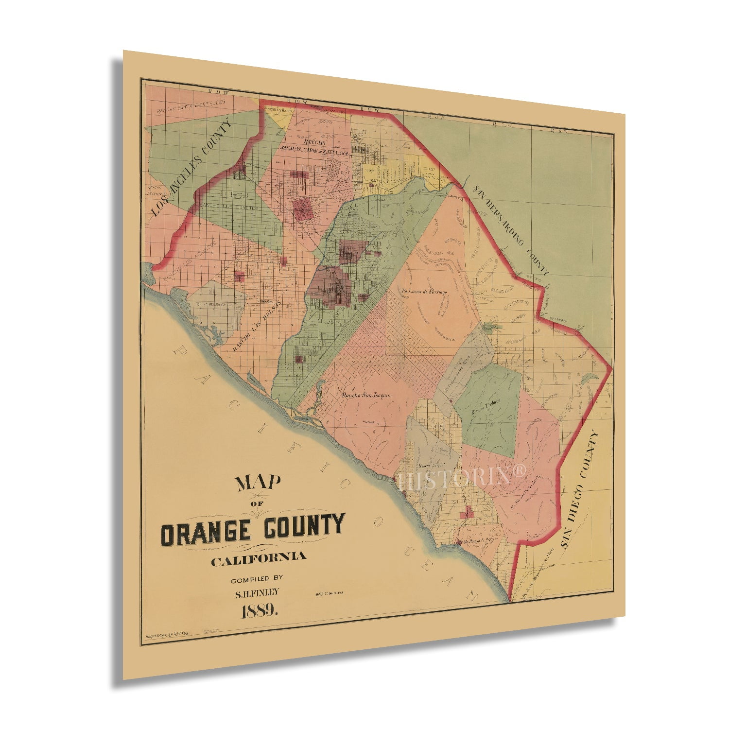 1889 Orange County California Map Poster - Orange County Old Map of CA ...