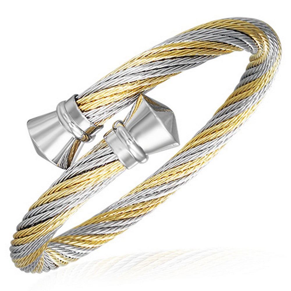 Stainless Steel Two-Tone Twisted Cable Wire Womens Cuff Bangle Bracelet ...