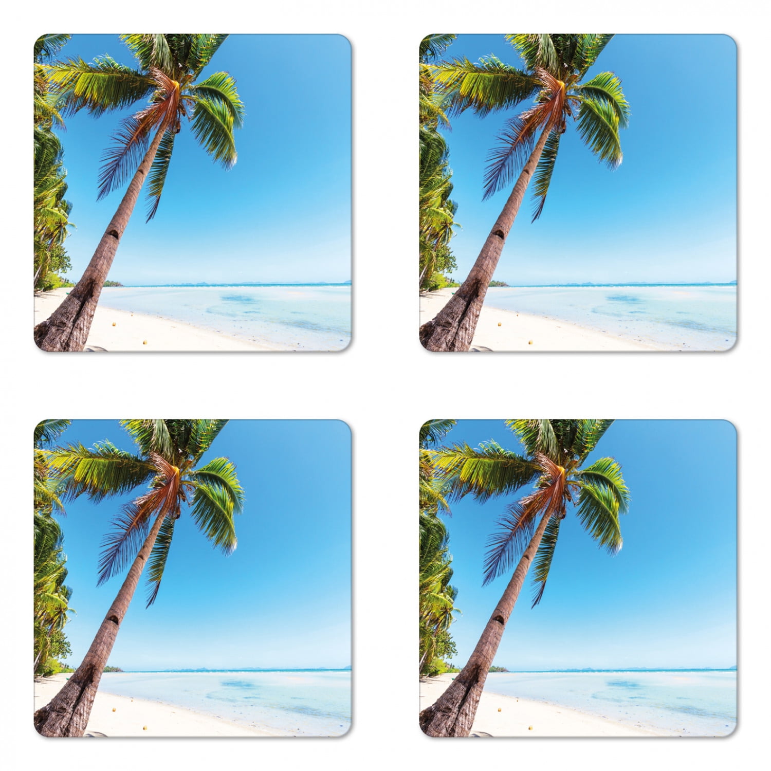 Beach Coaster Set of 4, Marine Theme Exotic Palm Trees in Tropical ...