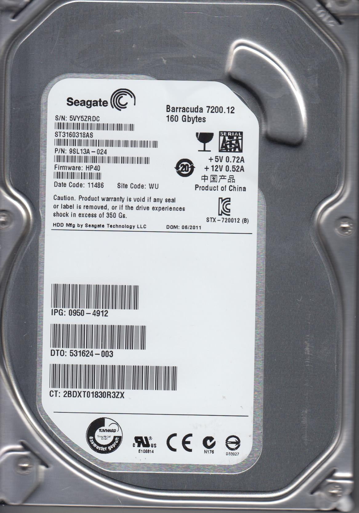 ST3160318AS, 5VY, WU, PN 9SL13A-024, FW HP40, Seagate 160GB SATA 3.5 ...