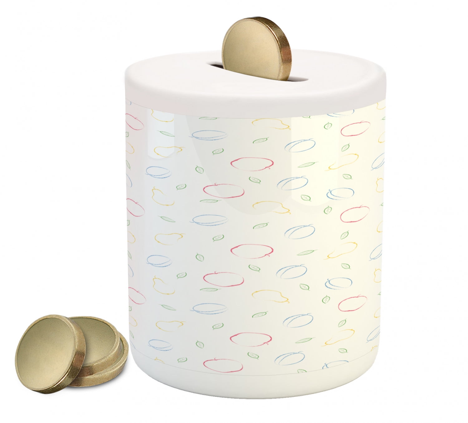 Colorful Piggy Bank, Crayon Drawing Style Pattern with Different Fruits ...