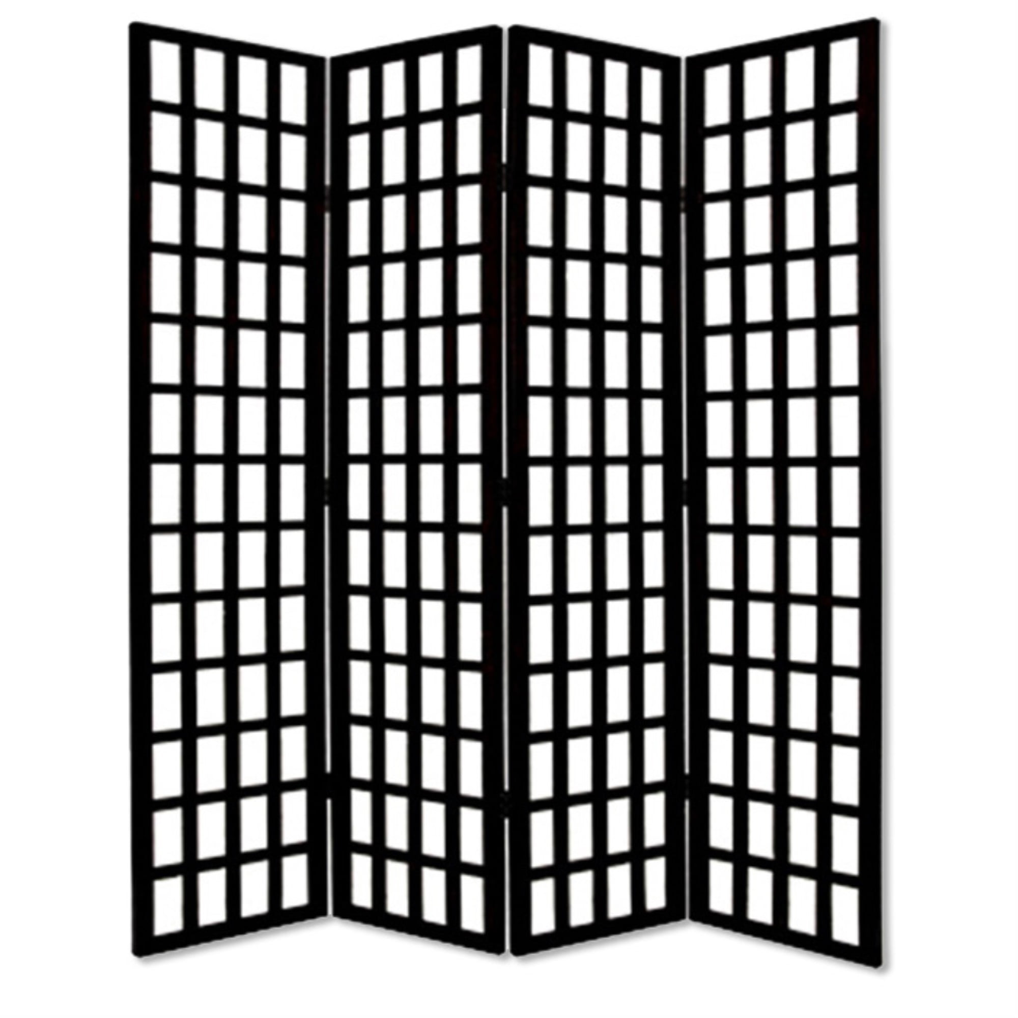 Wooden 4 Panel Foldable Window Pane Screen with Grid Design, Black ...