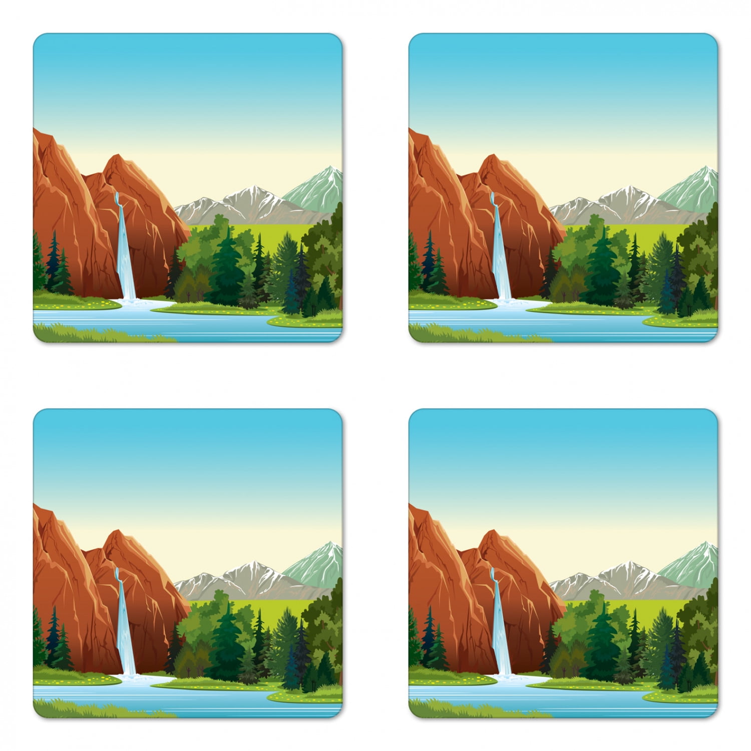 Nature Coaster Set of 4, Summer Landscape Image with Waterfall at the ...