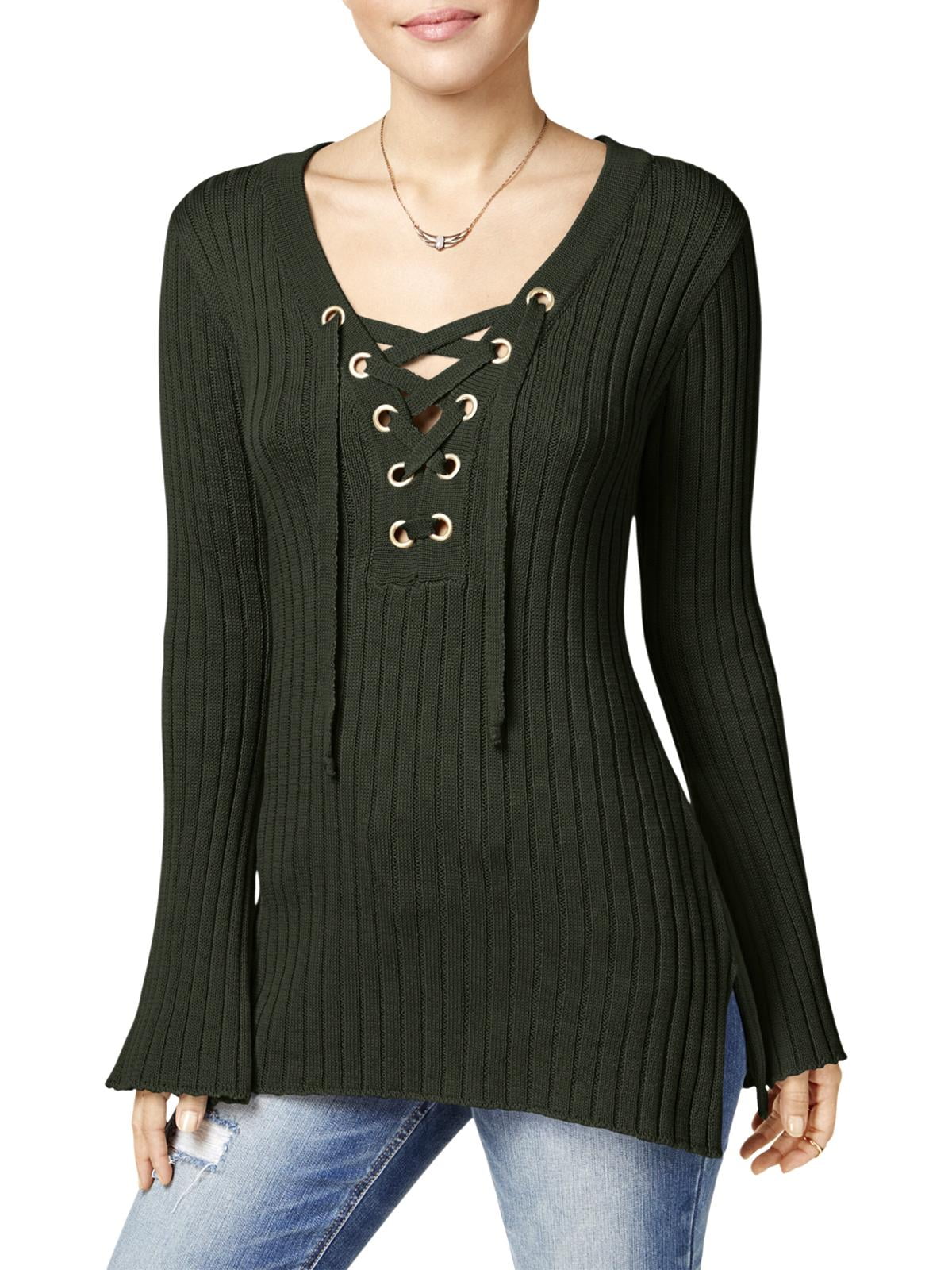 Ultra Flirt Womens Juniors Lace-Up Tunic Pullover Sweater - Walmart.com