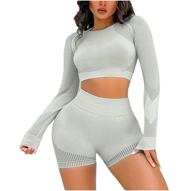 Bowake Workout Outfits for Women 2 Piece Seamless Crewneck Long Sleeve ...
