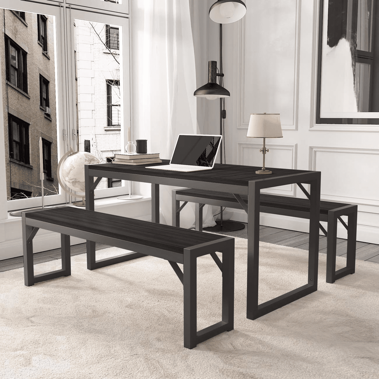 Allewie Modern 3-Piece Soho Dining/Kitchen Table Set with Benches ...