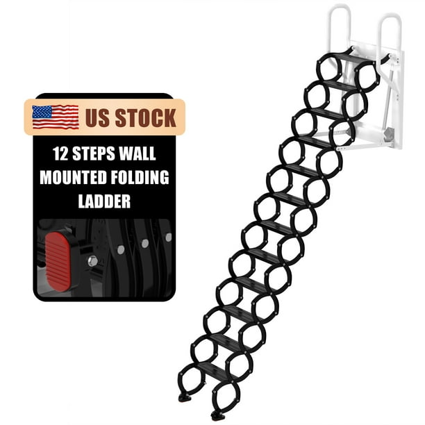 Wall Mounted Folding Ladder Black Loft Attic Stairs Pull down 12 Steps ...