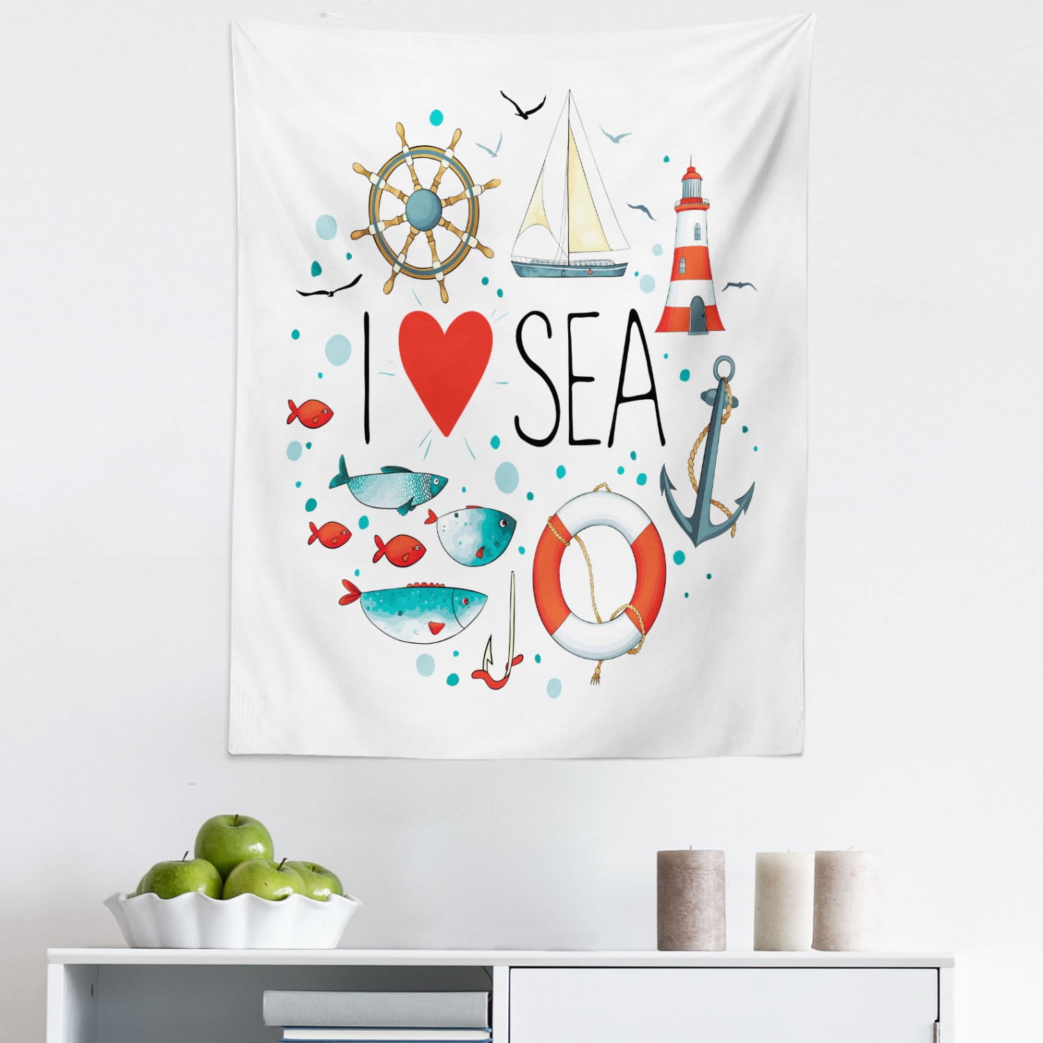 Nautical Tapestry, I Love Sea Words Heart Materials Anchor Compass ...
