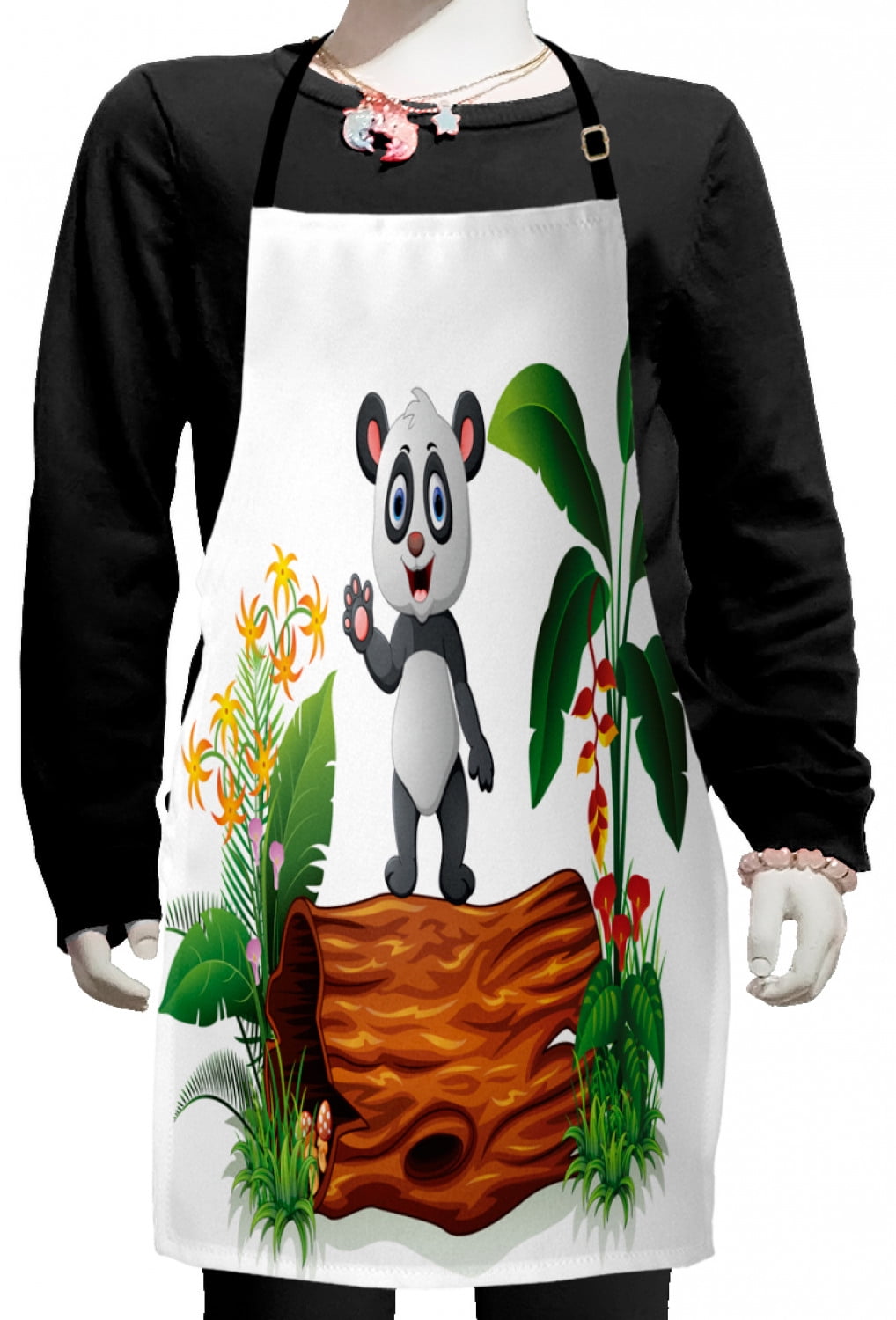 Panda Kids Apron, Baby Panda Standing on a Tree Trunk Tropical Flowers ...