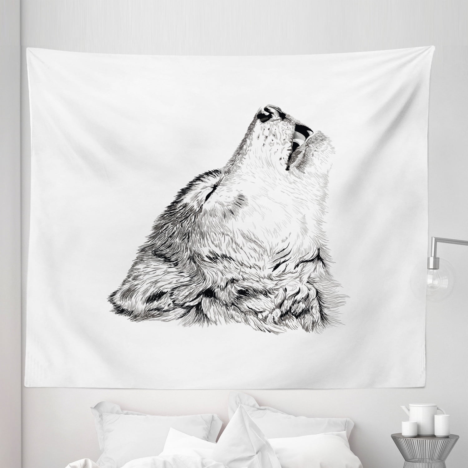 Wolf Tapestry, Hand Drawn Monochrome Sketch of a Howling Canine Tattoo ...