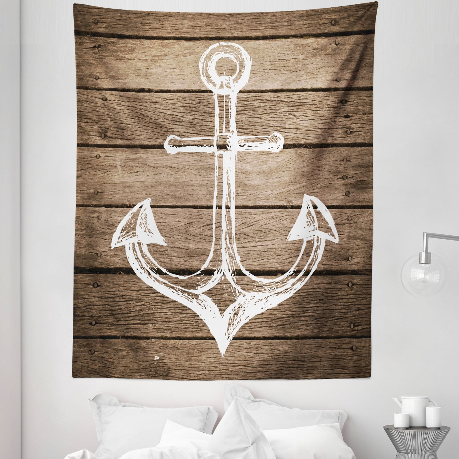 Brown and White Tapestry, Anchor Motif Hand Drawing Boating Sketch ...