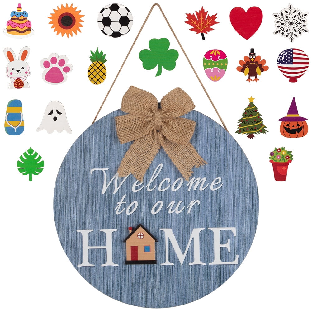 Round Wooden Interchageable Welcome Sign with Plaques Hanging Welcome ...
