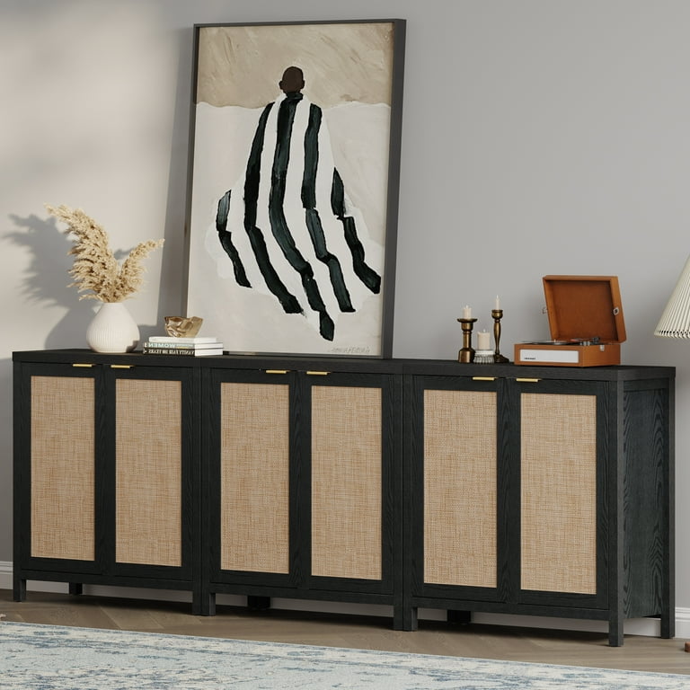 Sanspredet Sideboard Buffet Cabinet Set of 2 Rattan Cabinet with Doors Farmhouse Kitchen Storage Cabinet Boho Liquor Cabinet Accent Cabinet Black