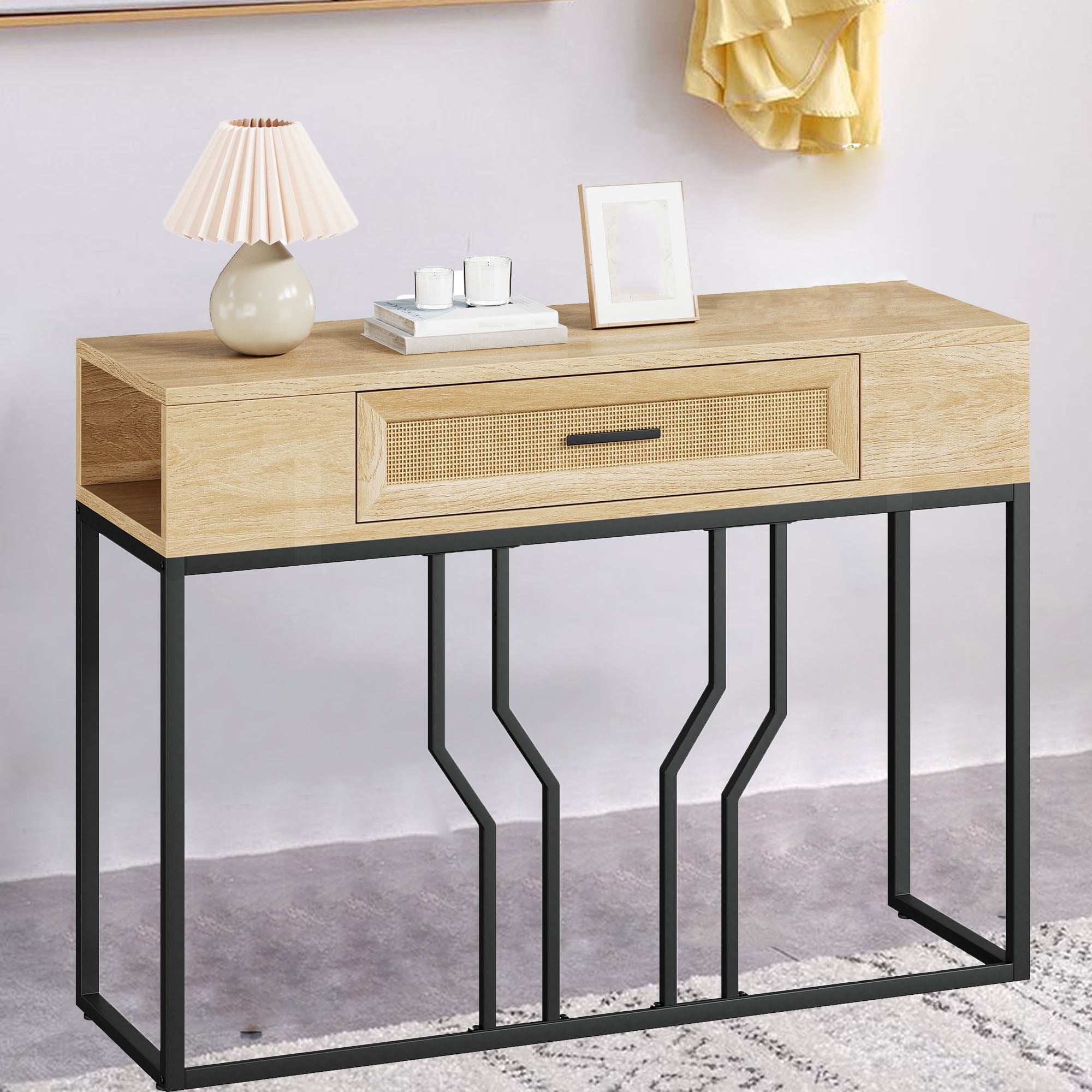 Rattan Console Table with Drawer,40’’ Narrow Long Entryway Table,Rattan ...