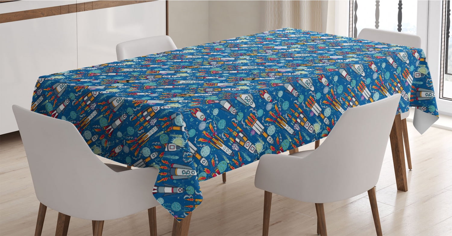 Spaceship Tablecloth, Hand-drawn Cartoon Spaceships Planets and Stars ...