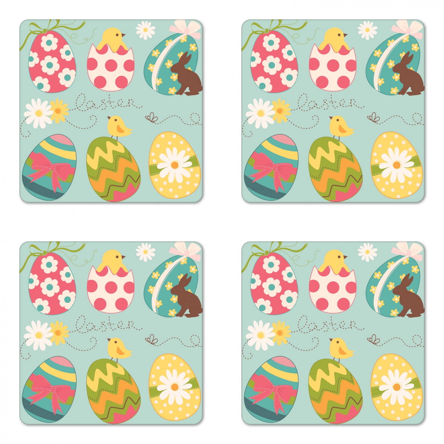 Easter Coaster Set of 4, Easter Eggs with Flowers Zigzags Lines and ...