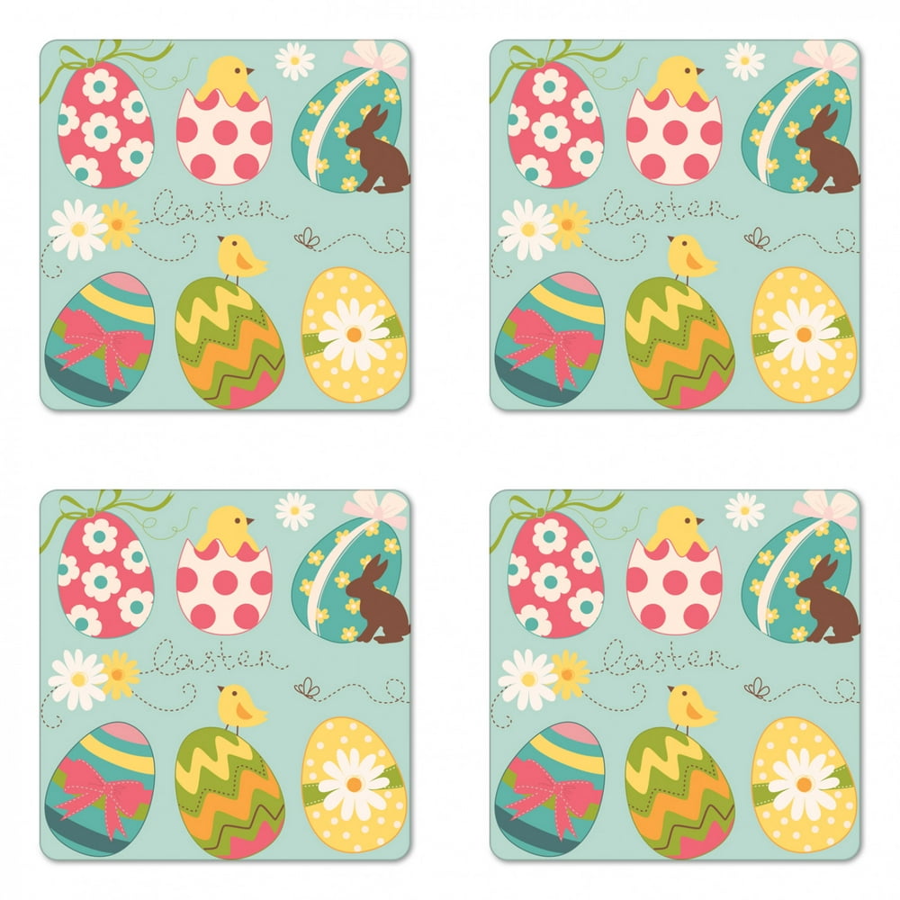 Easter Coaster Set of 4, Easter Eggs with Flowers Zigzags Lines and ...