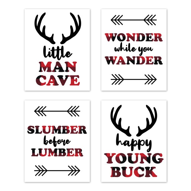 Woodland Buffalo Plaid Wall Art Prints Decor - Set of 4 - Red and Black ...