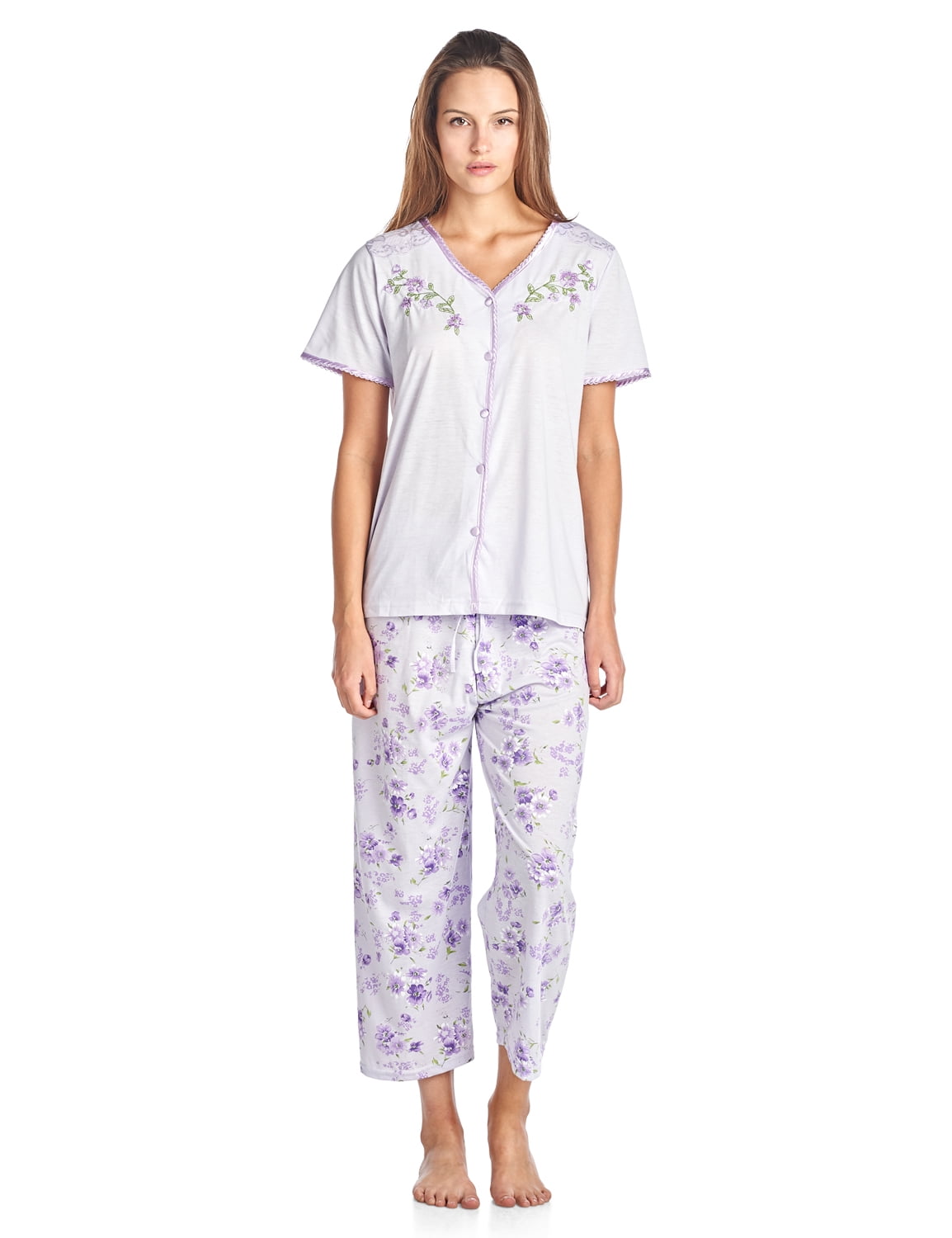 Casual Nights Women's Short Sleeve Floral Satin Lace Capri Pajama Set ...