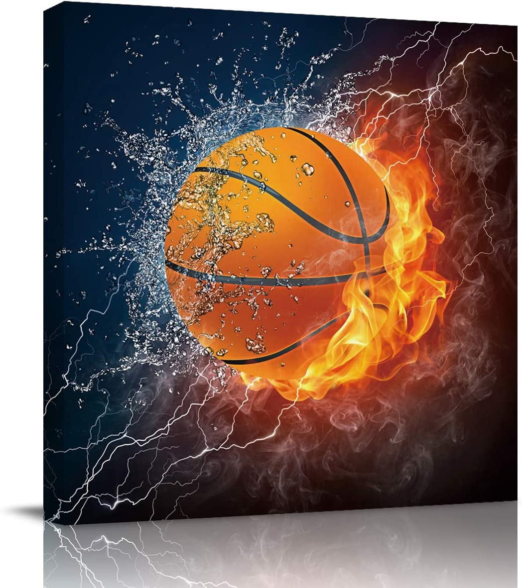 Canvas Wall Art Basketball on Fire and Water Flame Splashing Lightning ...
