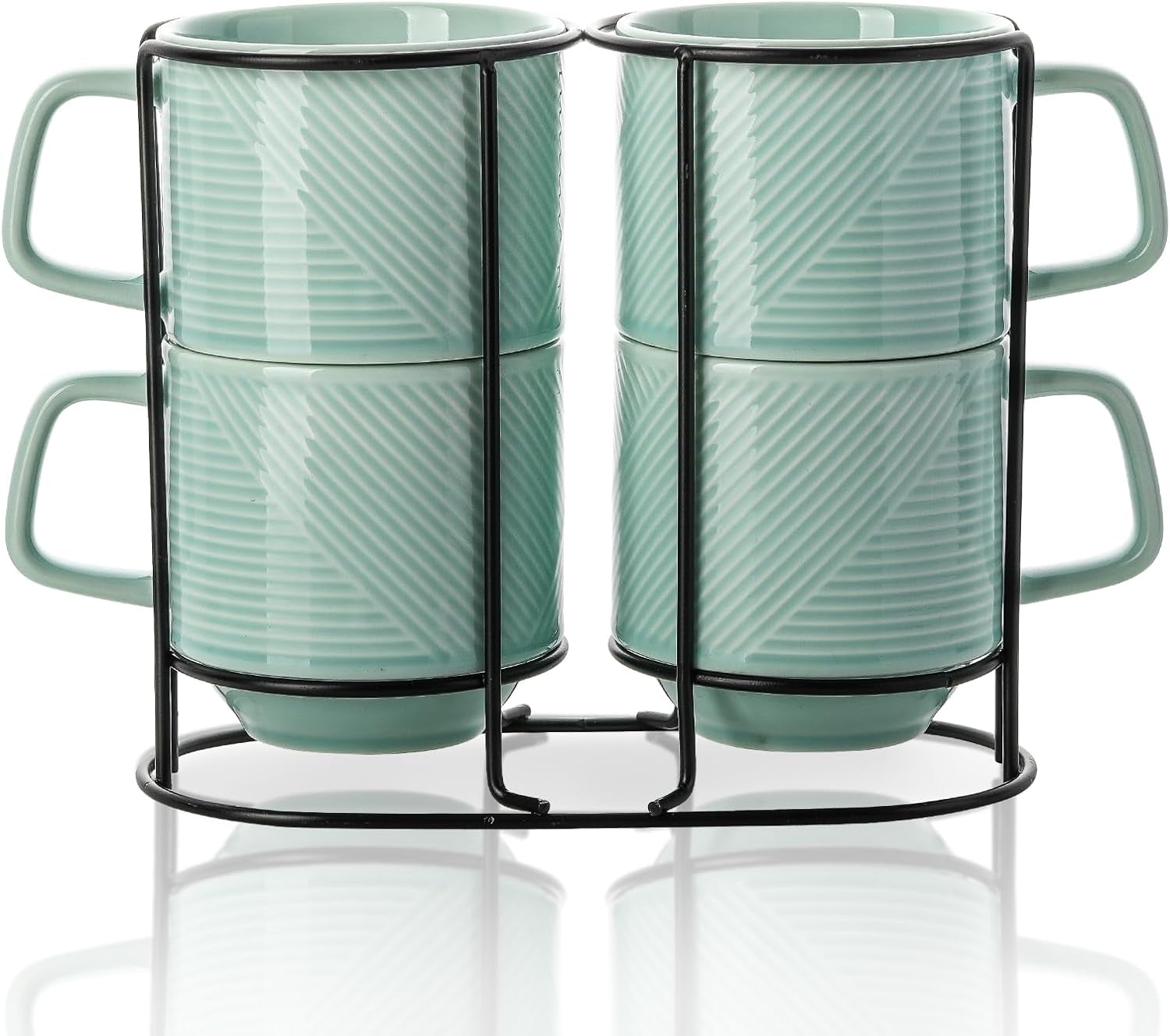 TRAHOO-Stackable Coffee Mugs with Rack: 13 oz Stacking Ceramic Cups ...