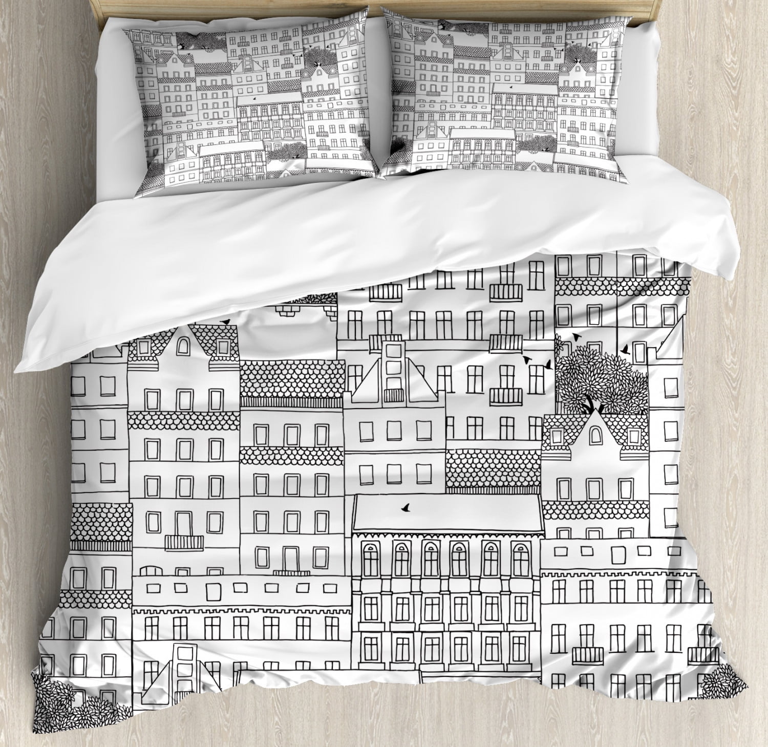 German Queen Size Duvet Cover Set, Hand Drawn German Style Houses ...