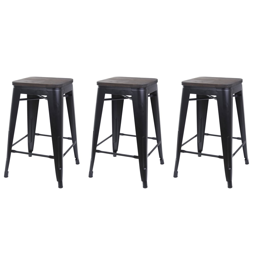 Leejay 24 inch Black Backless Metal Bar Stool with Wood Seat, Set of 3 ...