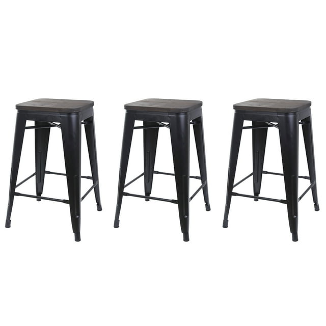 Leejay 24 inch Black Backless Metal Bar Stool with Wood Seat, Set of 3 ...
