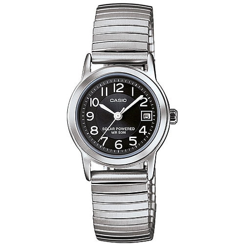 Casio - Women's Solar-Powered Easy Reader Watch, Silver Expansion Band ...