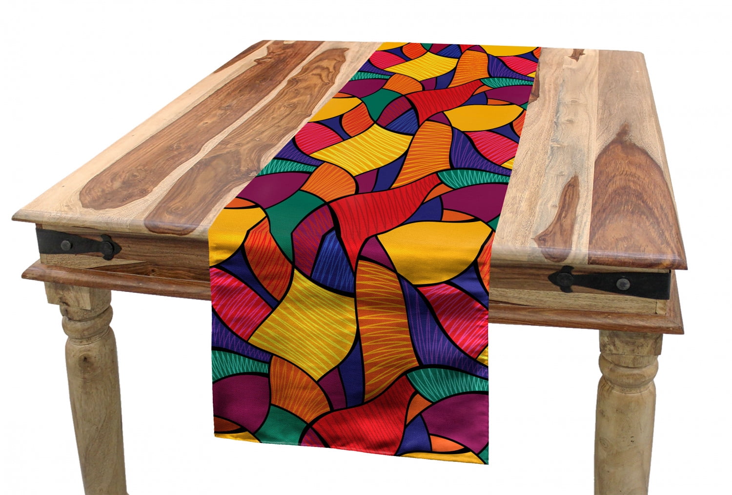 Colorful Table Runner, Vivid Mosaic Composition with Wavy Lines and ...
